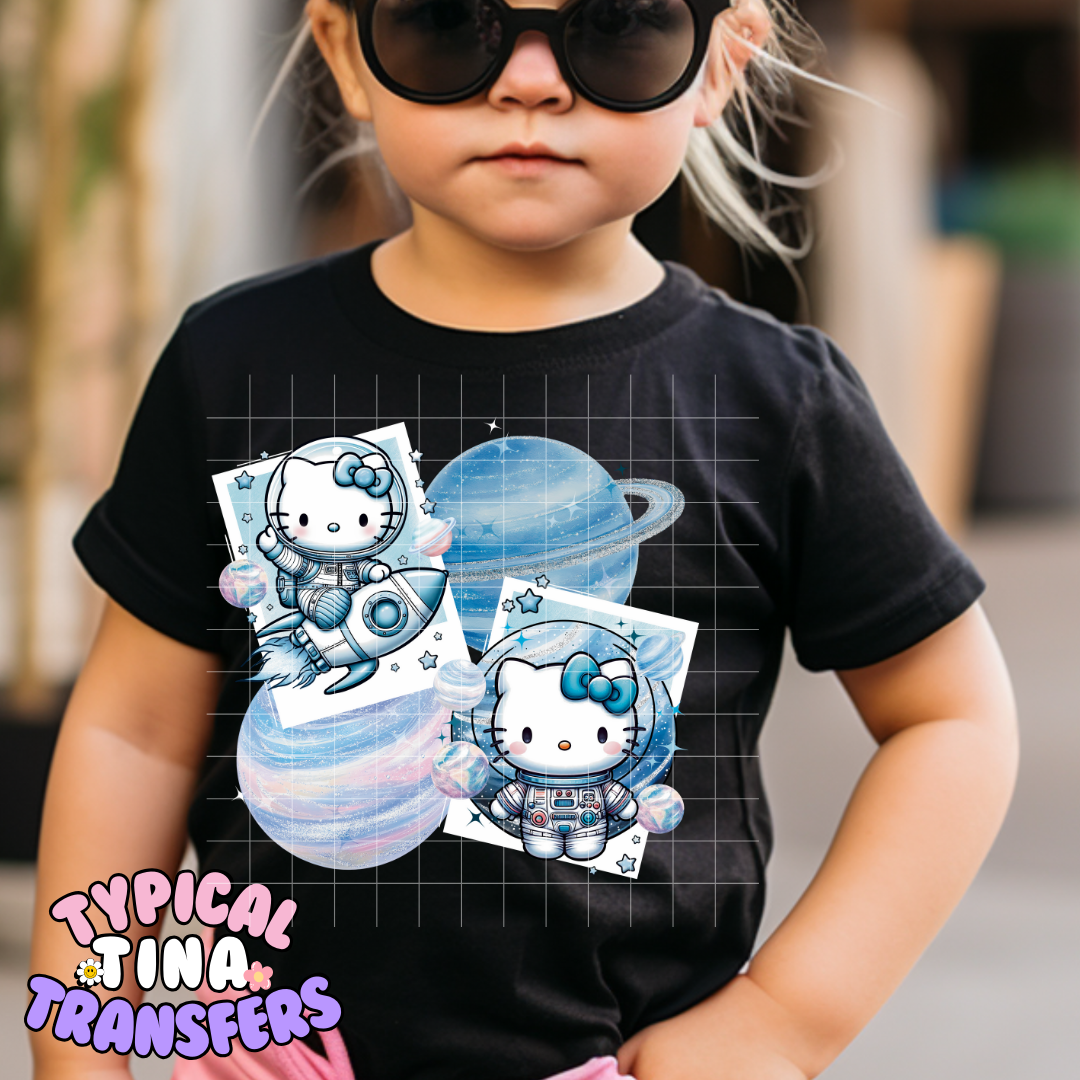 Kitty in space blue | DTF Transfer | POD – Typical Tina Transfers
